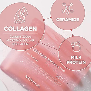 MEDIHEAL Collagen Ampoule Pad – Square Cotton Facial Toner Pads Collagen & Ceramide - Skin Firming & Restore Elasticity - Tighten Wrinkles & Lines - Vegan Eco Silk Pads, 100 Pads