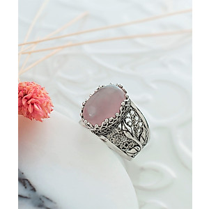 Filigranist 925 Sterling Silver Filigree Art Lace Embroidery Tulip Detailed Women Cocktail Ring with Rose Quartz Gemstone, Luxurious Gift Packed (Rose Quartz, 8)