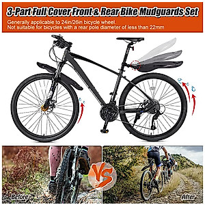 Winmoom Adjustable Bike Fender Set for 22"/24"/26"/27.5"，3 Parts-Universal Full Cover Thicken Widen, Front/Rear Mud Guards Fit for MTB Mountain Road Bike