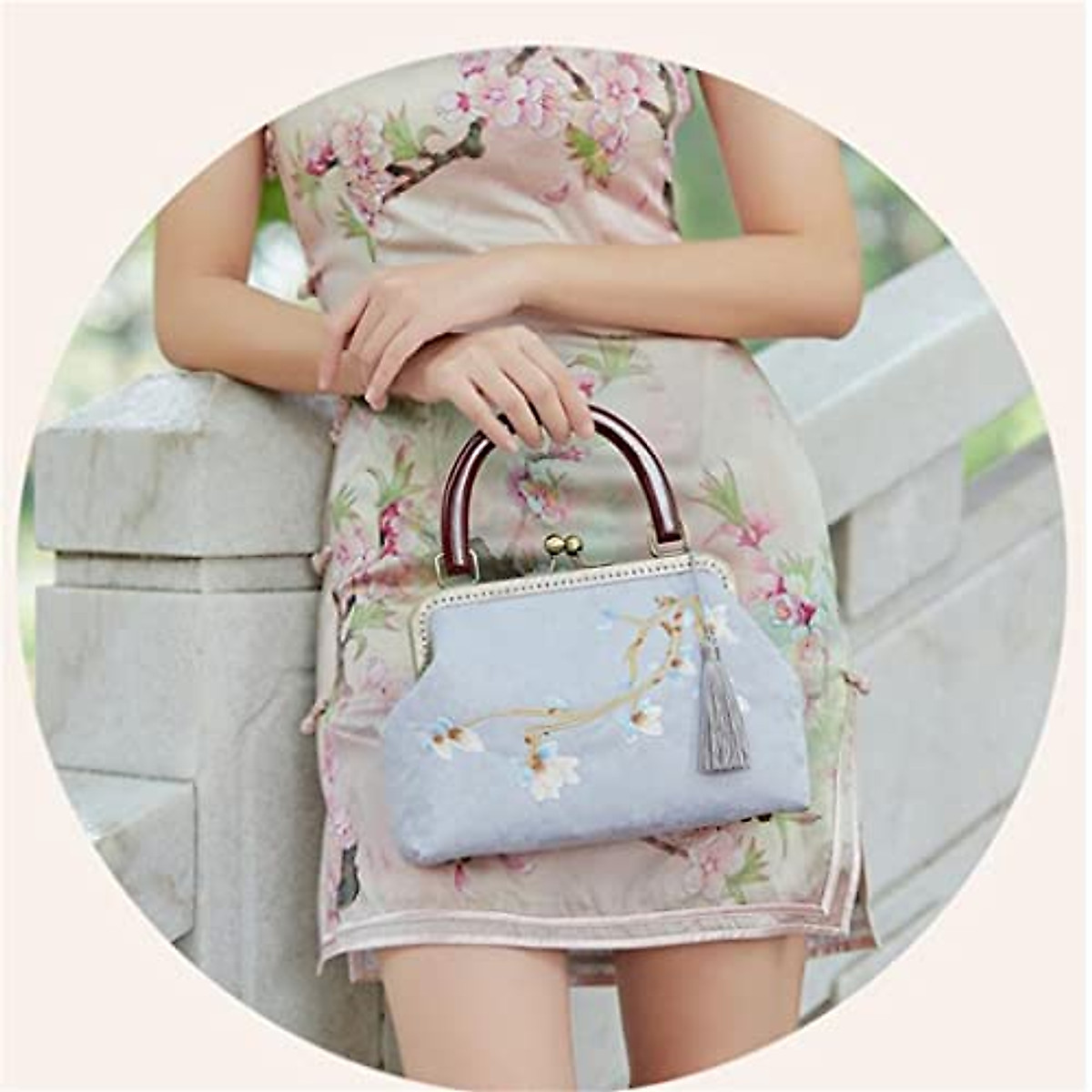 ZLXDP Traditional Embroidered Mouth Gold Bag Chinese Tassel Handbag Women's Cheongsam Bag Dinner Handbag (Color : E, Size : 26x17x8cm(LxHxW))