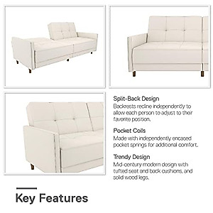 DHP Andora 76 Inch Futon Sofa Bed in Faux Leather, Modern Upholstered Couch Sleeper with Button Tufted Back and Seat, White