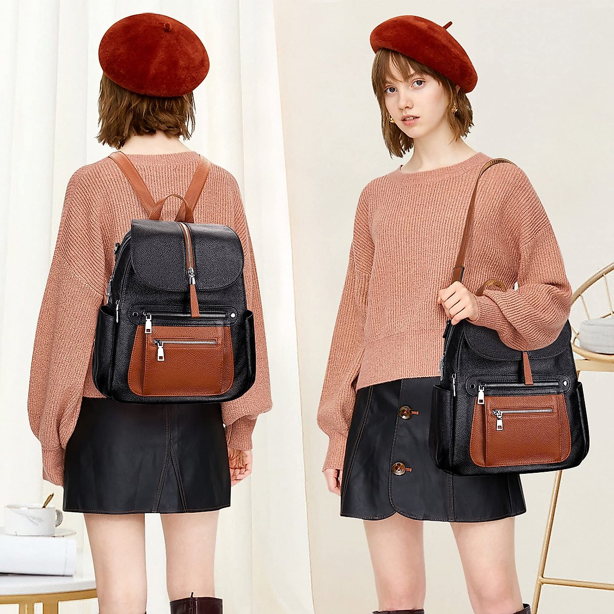 ALTOSY Leather Backpack Purse for Women Fashion Casual Handbag with Multi Pockets and Flap (S107 Black/Brown)