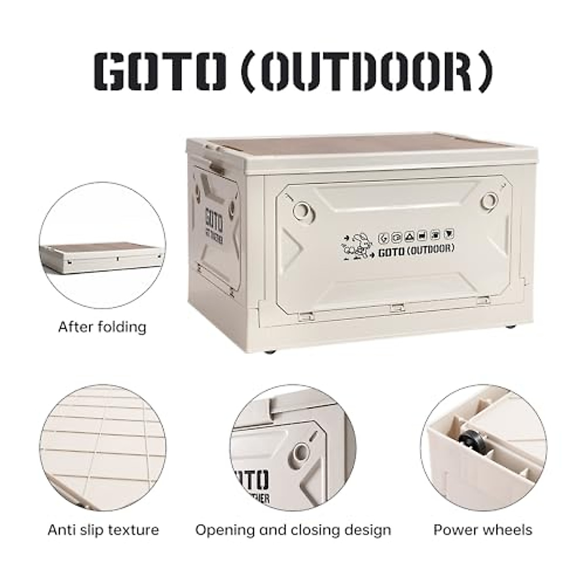 GOTO 50L Folding Storage Box with Wooden Lid, Stackable Foldable Storage Bin with Wooden Cover, Side Opening Folding Storage Containers for Camping, Car Trunk, Home Sorting (Army Green)