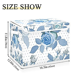 Kigai Storage Basket Blue Rose Storage Boxes with Lids and Handle, Large Storage Cube Bin Collapsible for Shelves Closet Bedroom Living Room, 16.5x12.6x11.8 In