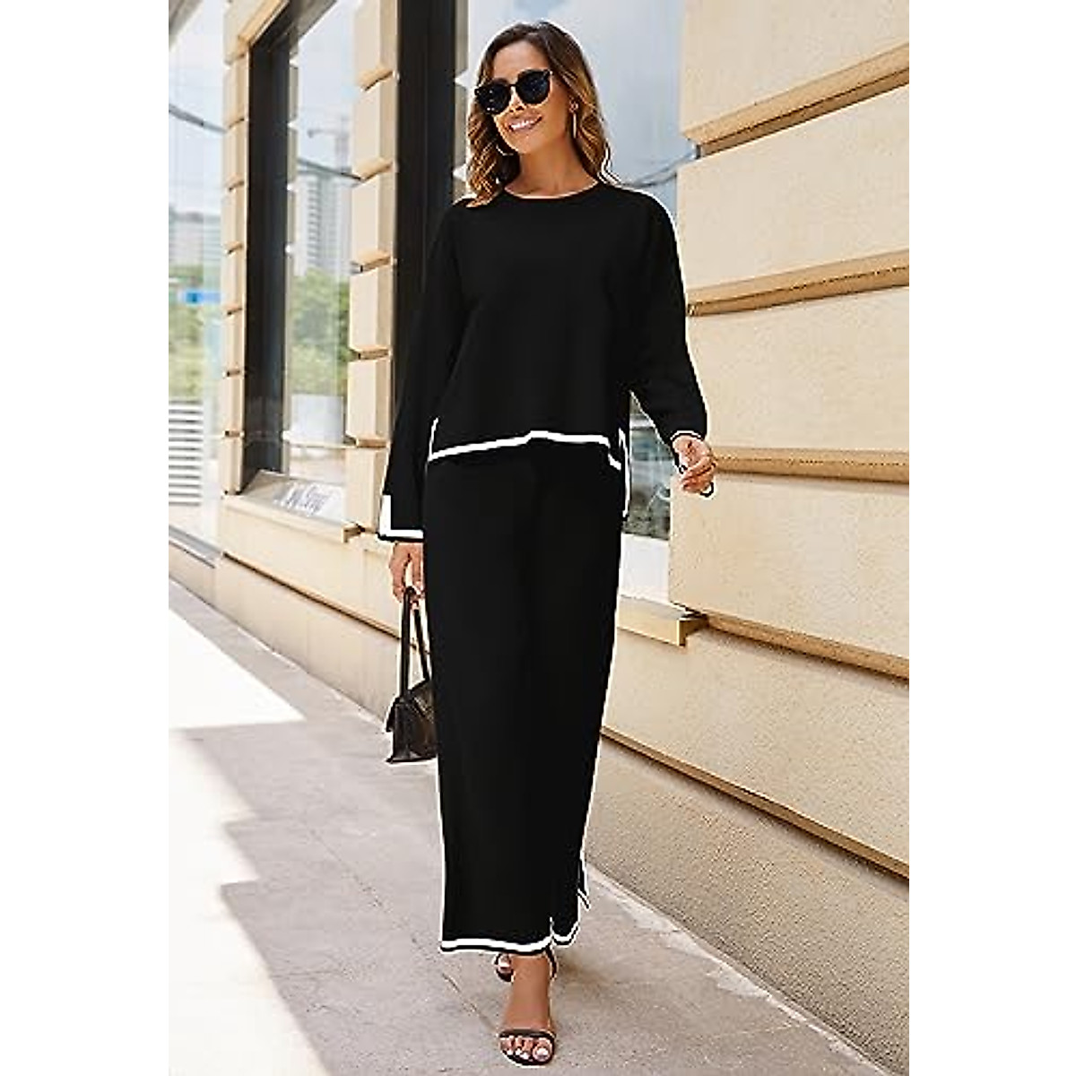 EsheSy Women's 2 Piece Outfits Sweater Sets Long Sleeve Knit Pullover Tops Wide Leg Pants Tracksuit Lounge Sets(Black-M)