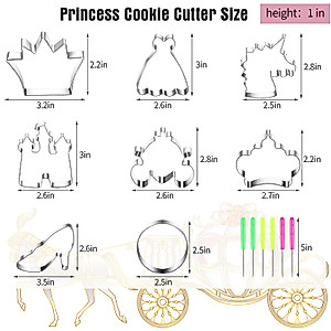8 Pieces Princess Cookie Cutter Set with Crown, Dress, Castles, Unicorn Head Shapes Stainless Steel Fondant Biscuit Cutters and 6 Pieces Sugar Stirring Pins