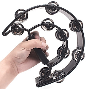Double Row Tambourine Foot Tambourine set, 9" Half Moon Tambourine Metal Jingles Hand Held Percussion with Band Wrist Bells for Kids, Adults,KTV,Party