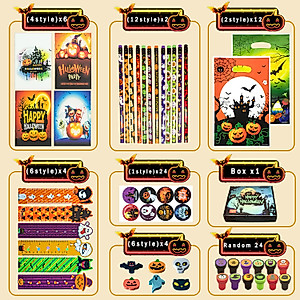 Keenvark 168 PCS Halloween Party Favors,24 Pack Stationery Supplies Set, Halloween Treats for Kids, Halloween Goodie Bag Fillers including Pencils,Erasers,Rulers,Stickers,Stamps,Notepads and Gift Bags