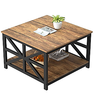 GreenForest Coffee Table with Storage, 27.6 inch Square Coffee Table, Seamless One-Piece Tabletop Design, Small Coffee Tables for Living Room, Farmhouse Sofa Table, Rustic Center Table, Walnut