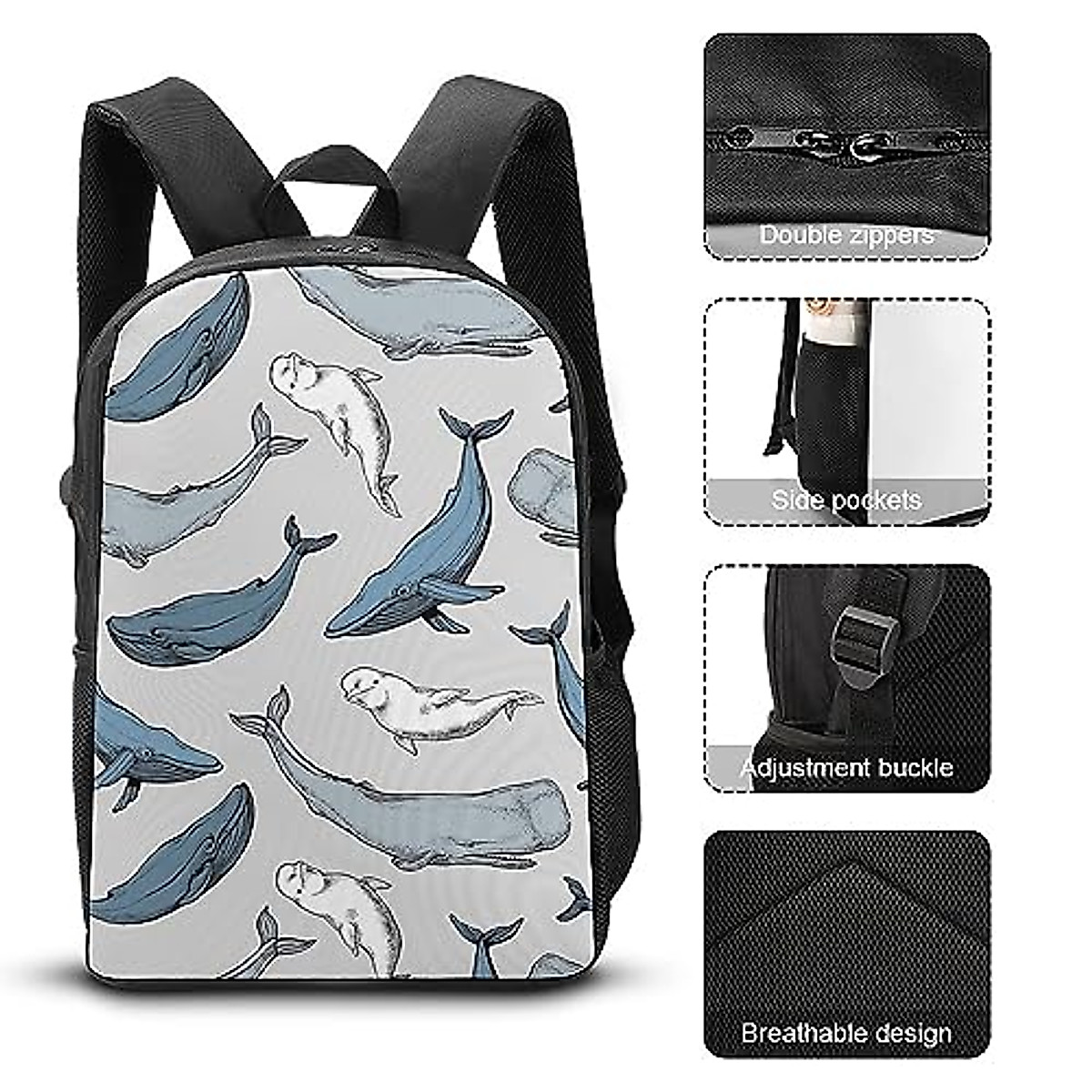Whale Travel Backpack Casual 17 Inch Large Daypack Shoulder Bag with Adjustable Shoulder Straps
