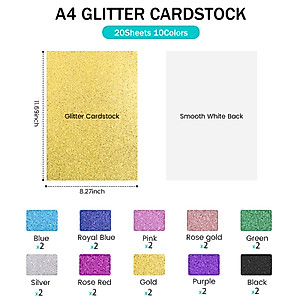 HTVRONT Glitter Cardstock Paper - 20 Sheets 10 Colors CardStock, A4 Colored Cardstock Glitter Paper for Craft, Birthday, Scrapbook, Wedding, Sparkly Paper, Card Making (Glitter/20 Sheets)