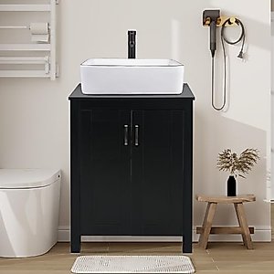 Puluomis 24” Bathroom Vanity Sink Combo Black Cabinet Vanity and White Ceramic Vessel Sink with ORB Faucet & Pop Up Drain