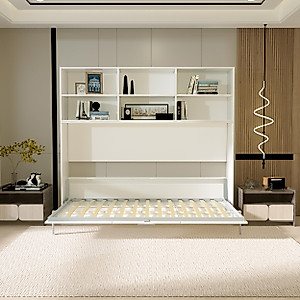 HusicLife Twin Size Horizontal Murphy Bed with Shelf Storage, Hidden Bed Gas Struts, Foldable Wall Bed for Small Spaces Apartments Studio Guest Room, White