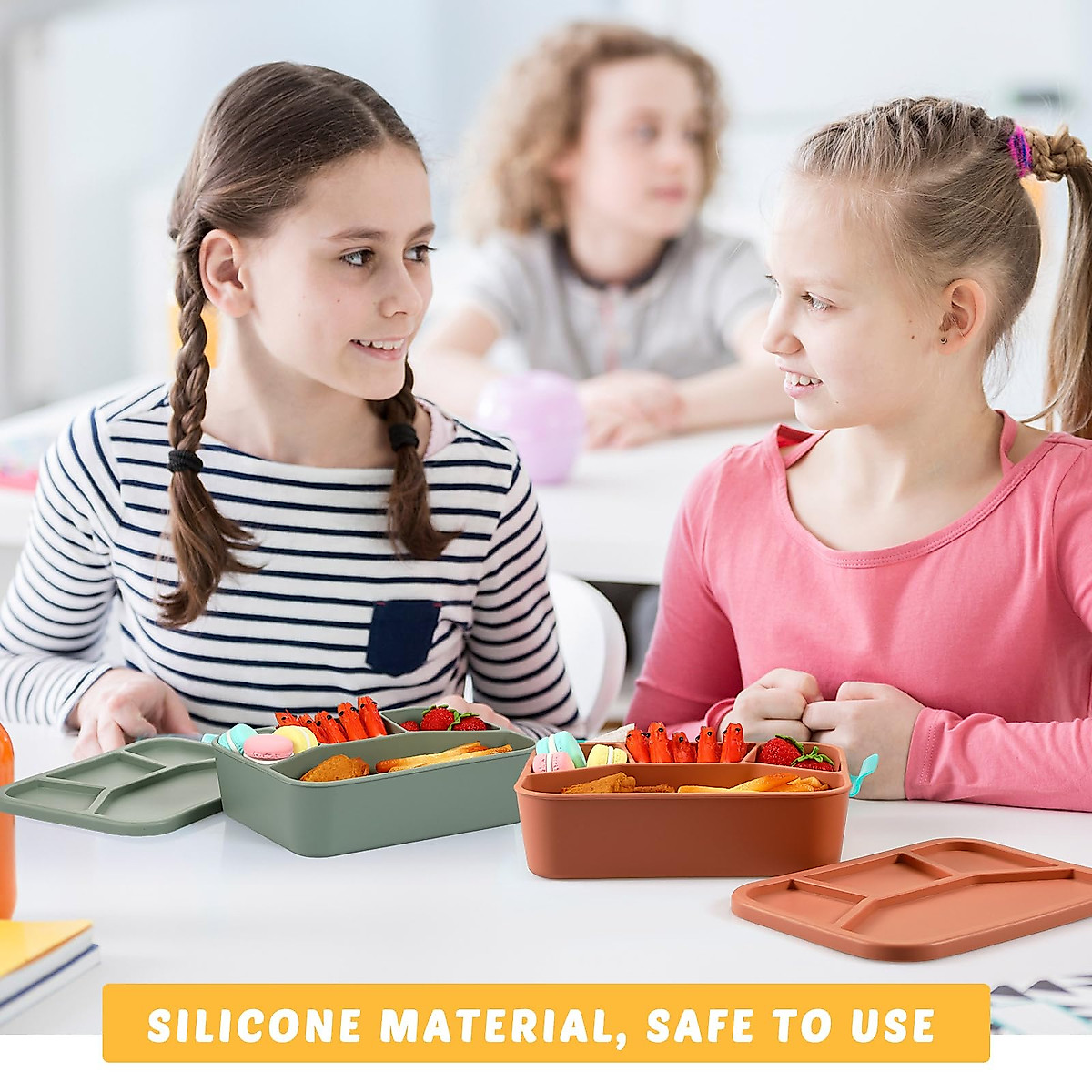 Baderke 2 Pcs Leak Proof Silicone Bento Box Lunchbox with 4 Compartments Reusable Lunch Containers Bento Box for Kids Adults Microwave Dishwasher Freezer Christmas Gift