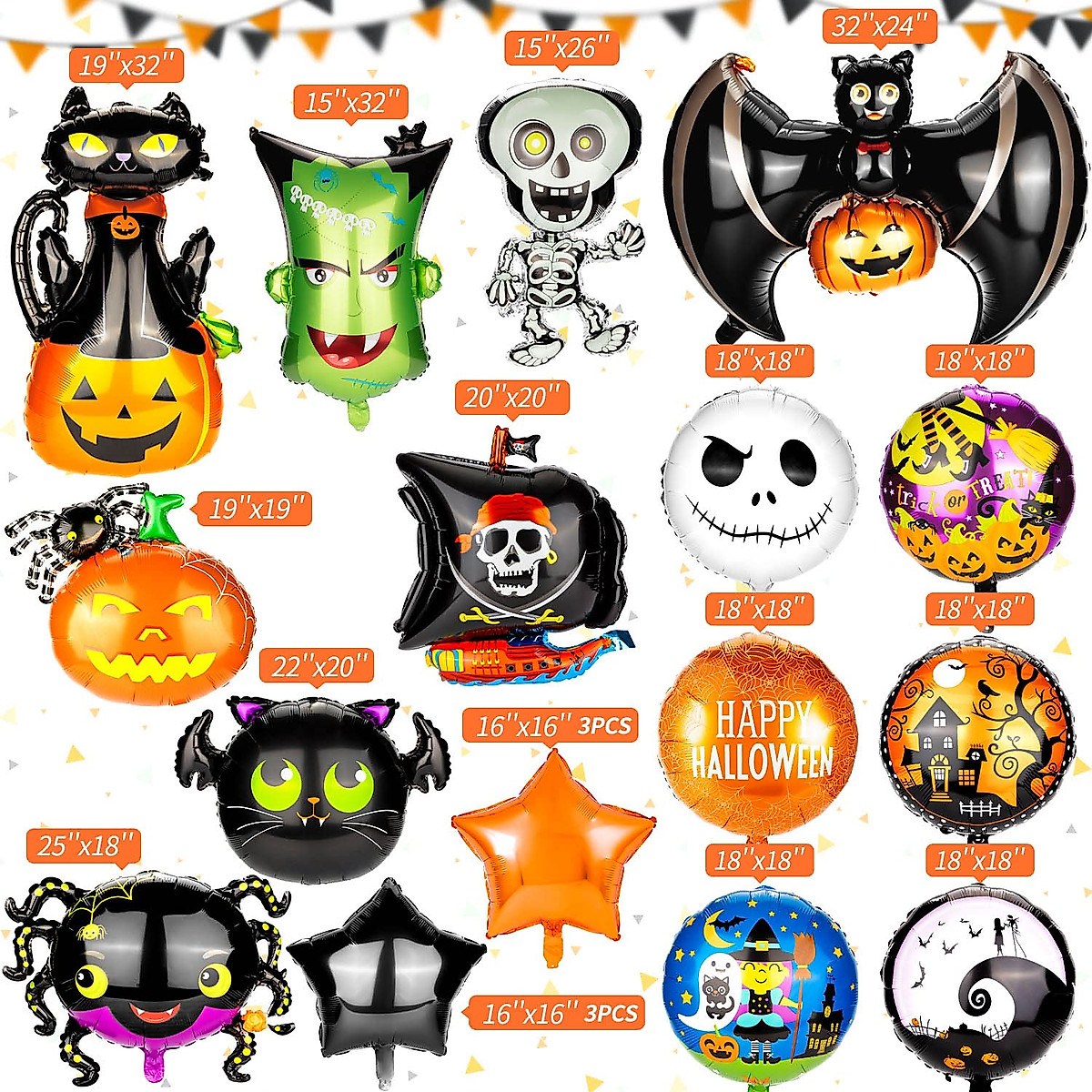 20 Pcs Halloween Balloons, Large 30IN Bat, Pumpkin, Spider, Skeleton Skull, Star Shape Mylar Balloon, Black & Orange & Purple Helium Foil Balloon for Party Decorations