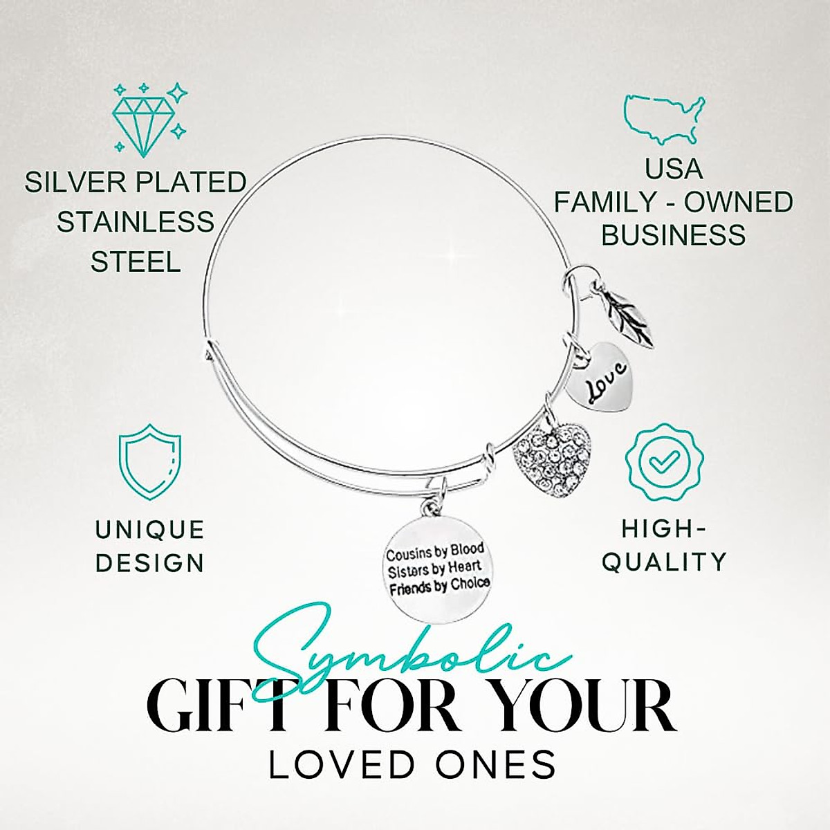 Infinity Collection Cousin Gift, Cousins by Chance, Friends by Choice Charm Adjustable Bangle, Cousin Jewelry for Women- Gift for Cousins