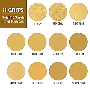 LotFancy Sanding Disc, 5 Inch 8 Hole, 110PCS 60 80 120 150 180 220 320 400 600 800 1000 Grit Sandpaper Assortment, Hook and Loop Sand Paper, Random Orbital Sander Pads