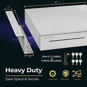 Volcora Cash Register Drawer with Under Counter Mounting Bracket - 16" White Drawer for POS, 5 Bill 6 Coin Cash Tray, Removable Coin Compartment, 24V RJ11/RJ12 Key-Lock, Media Slot - for Business