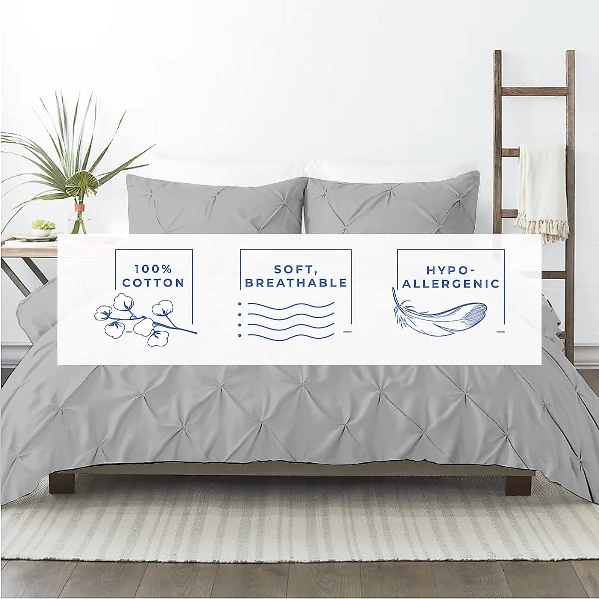 Kotton Culture 600 Thread Count Pinch Pleated 3 Piece Duvet Cover Set 100% Egyptian Cotton Breathable All Season Comforter Cover with Zipper Closure & Corner Ties (Silver, Queen)