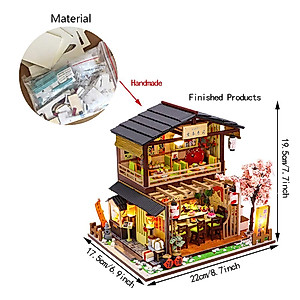 SYW DIY Miniature Dollhouse Kit with Furniture and LED Light，Japanese Sushi Shop Wooden Dollhouse, 1:24 Scale Creative Doll House Toys for Teen