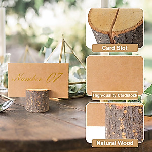 10 Pieces Rustic Wood Place Card Holders with 20 Kraft Tented Place Cards, Natural Log Table Number Stands Food Labels Dinner Decor for Weddings, Birthday, Thanksgiving Day, Christmas Party Supplies