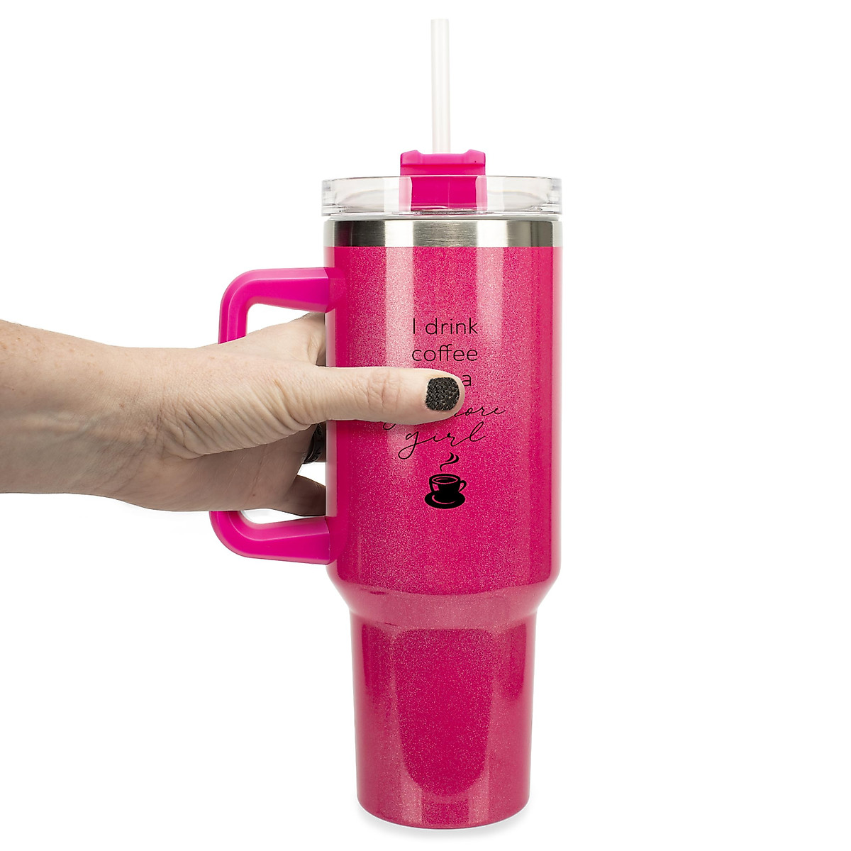 Elanze Designs I Drink Coffee Like A Gilmore Girl 40 oz. Stainless Steel, Large Water Bottle Coffee Mug, Spill & Leak Resistant, Thermal Travel Tumbler with Handle, Lid & Straw, Hot Pink