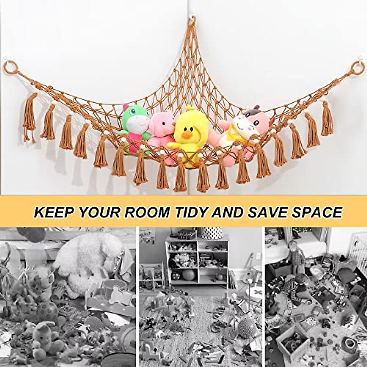JIELAIMI Stuffed Animal Toy Storage Organizer, Toy Storage Hammock with Decorative Tassels Corner Large Capability Toy Net Holder (brown)