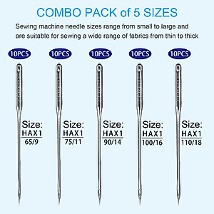 Sewing Machine Needles, Pack of 50, for Singer, Brother, Janome, Varmax and Home Sewing Machines. Universal Standard Needles in Sizes 65/9, 75/11, 90/14, 100/16, 110/18