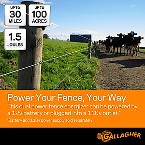 Gallagher MB150 Dual Power Electric Fence Charger | 1.5 Joule 12v Battery or 110v AC Energizer with Adaptive Energy Control | Powers Up to 30 Miles / 100 Acres | Portable and Compact