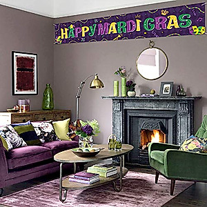 Happy Mardi Gras Banner 78.7"x 13.8" New Orleans Theme Purple Yellow Green Gold Sign Fleur de Lis Mask Home Decor Fat Tuesday Photo Props Backdrop Carnival Parade Outdoor Decoration Party Supplies