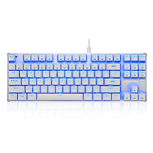 EagleTec KG061-BR BLUE LED Backlit Mechanical Gaming Keyboard Low Profile Mechanical Gamers Keyboard 87 Key Mechanical Computer USB Gaming Keyboard for PC (WHITE VERSION)