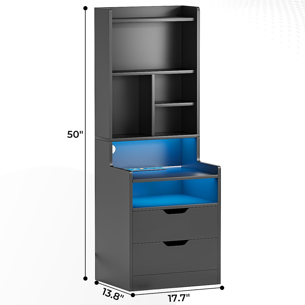 ADORNEVE Tall Night Stand with Charging Station and LED Lights,Nightstand with Bookshelf,Bedside Table with Drawers & Power Outlets,End Side Table for Bedrooms (Black)