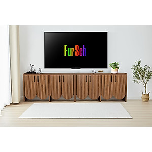 Fluted Buffet Sideboard Cabinet with Storage,Scandinavian 57.9” Storage Cabinet with Adjustable Shelves,Carved Arc Door Design Accent Buffet Cabinet for Living Room Dining Room (Walnut, 4 Door)