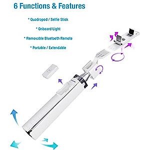 Fugetek 40'' Quadrapod Lighted Selfie Stick Stand, Lightweight 7oz, Wireless Bluetooth Remote, Patented Ultra Stable 4 Legs, 3 Onboard Light Modes, Compatible with iPhone & Android (White)