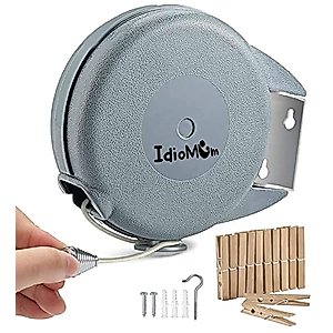 Idiomum Retractable Clothesline 40 Feet - Indoor Outdoor Heavy Duty - PVC Clothes Line Retracting - Clothesline with Wall Mount - Retractable Laundry Line for Drying Clothes with 12 ClothesPins