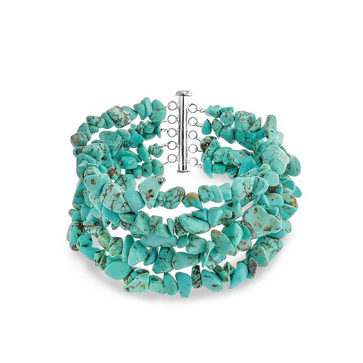 Statement Wide Gemstone Stabilized Blue Turquoise Chips Multi Strand Bracelet Western Jewelry For Women Teens .925 Sterling Silver Tube Clasp