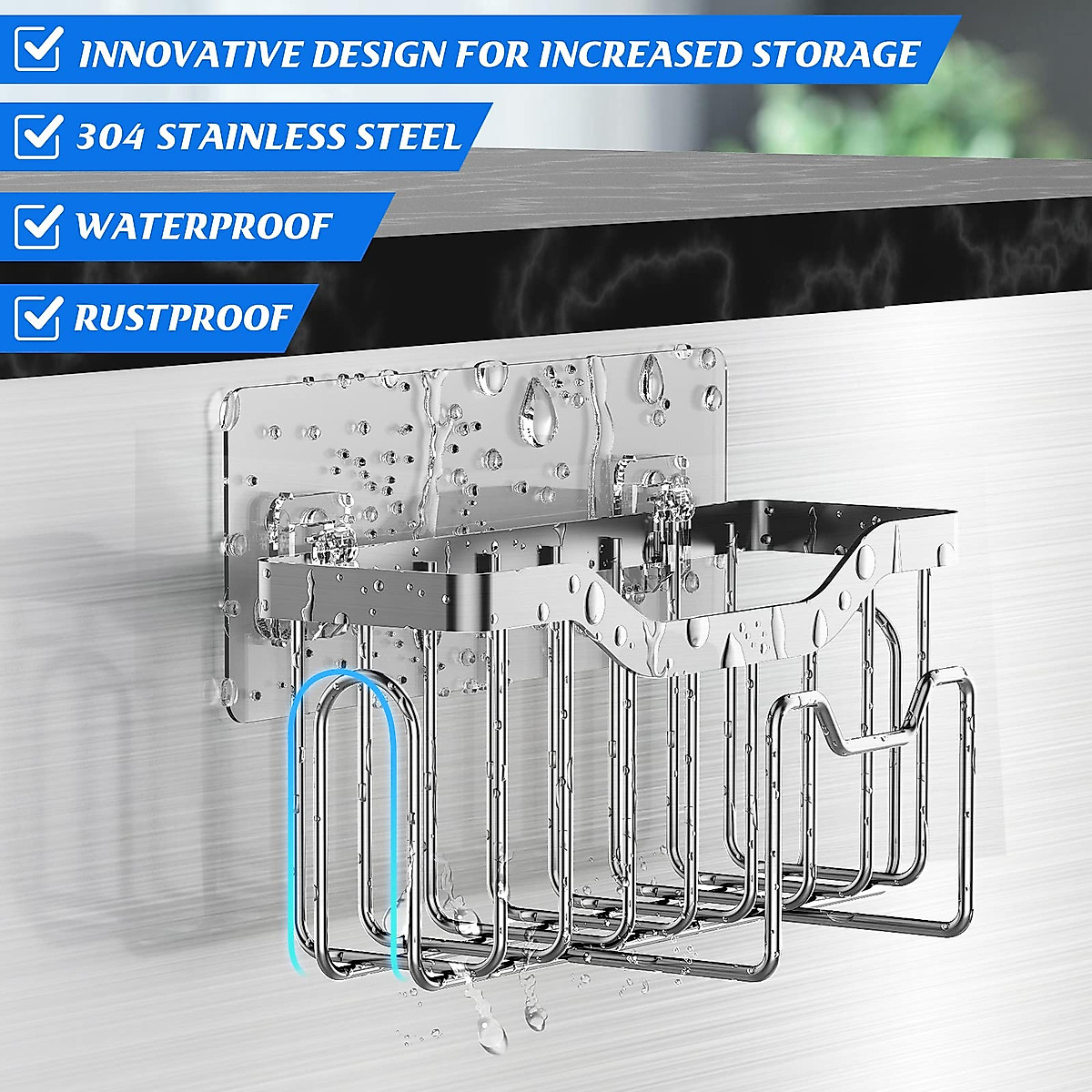 MURLONG Sink Caddy Sponge Holder for Kitchen Sink, Kitchen Sink Organizer 304 Stainless Steel for Dish Brush, Sponge, Soap Scrubber, Sink Stopper with Adhesive 2 Installation Ways-Silver