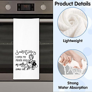 RZHV Sometimes I Open My Mouth and My Mother Comes Out Kitchen Towel, Funny Retro Housewife Dish Towel Gift for Women Sisters Friends Mom Aunty Hostess, Housewarming New Home