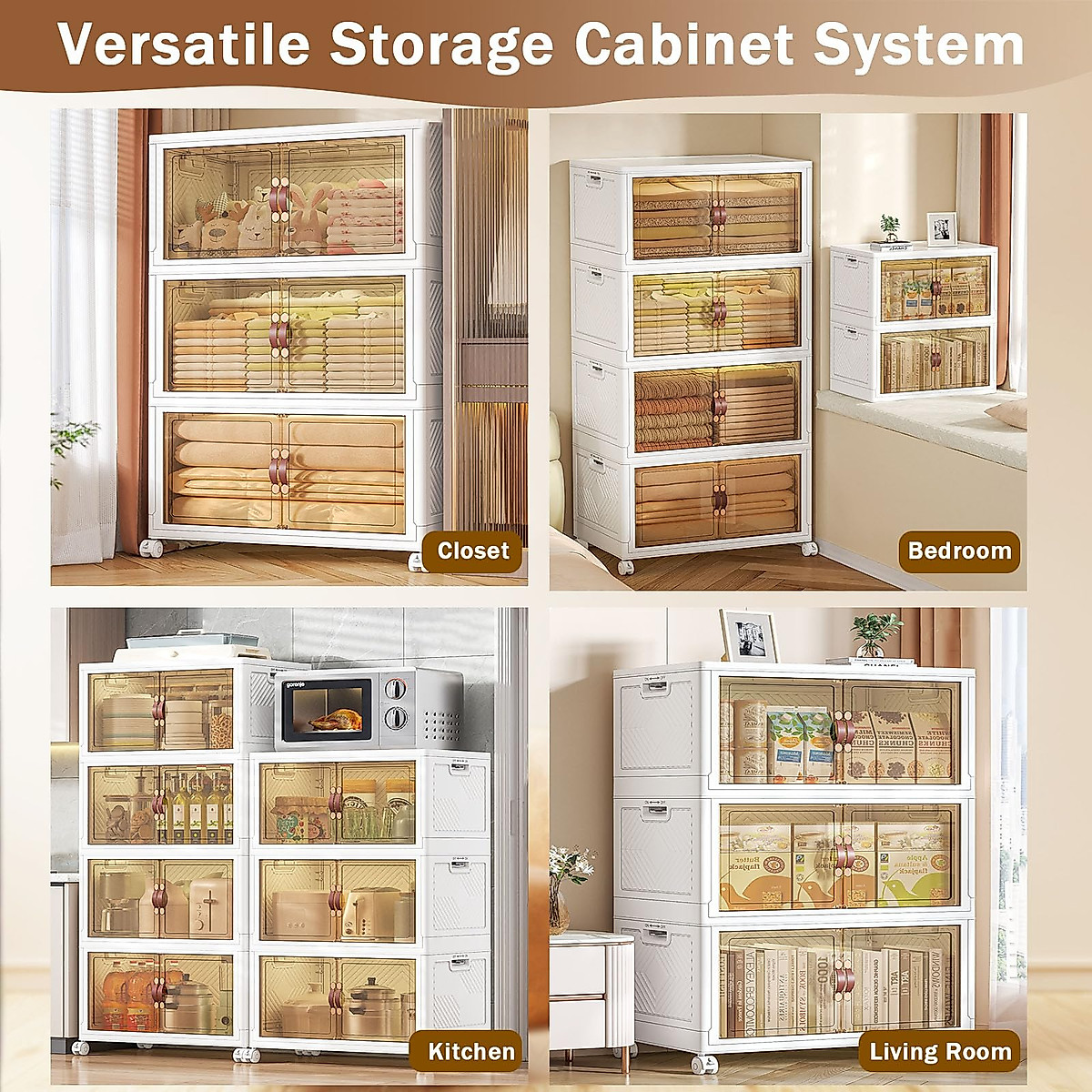 Jacriah Plastic Storage Bins, 4-Layer Foldable Storage Boxes with Doors for Closet Organizer, 16 Gallon Collapsible Storage Bin with Lid and Wheels, Stackable Storage Drawer, Storage Cabinet Container