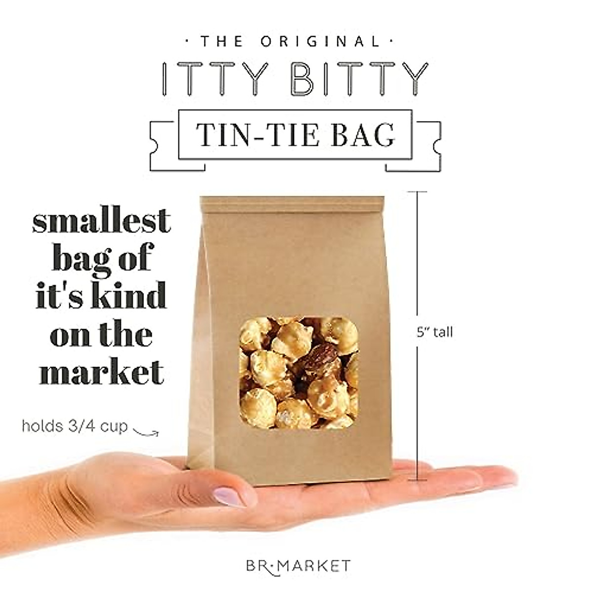BRMARKET Small Square Window Kraft Paper Bags | 3.3 x 5.5 x 2 Inches Treat Cookie Bags with Tin Tie Closure | 50 Pcs (Disposable, Single Layer Paper, Kraft Brown)