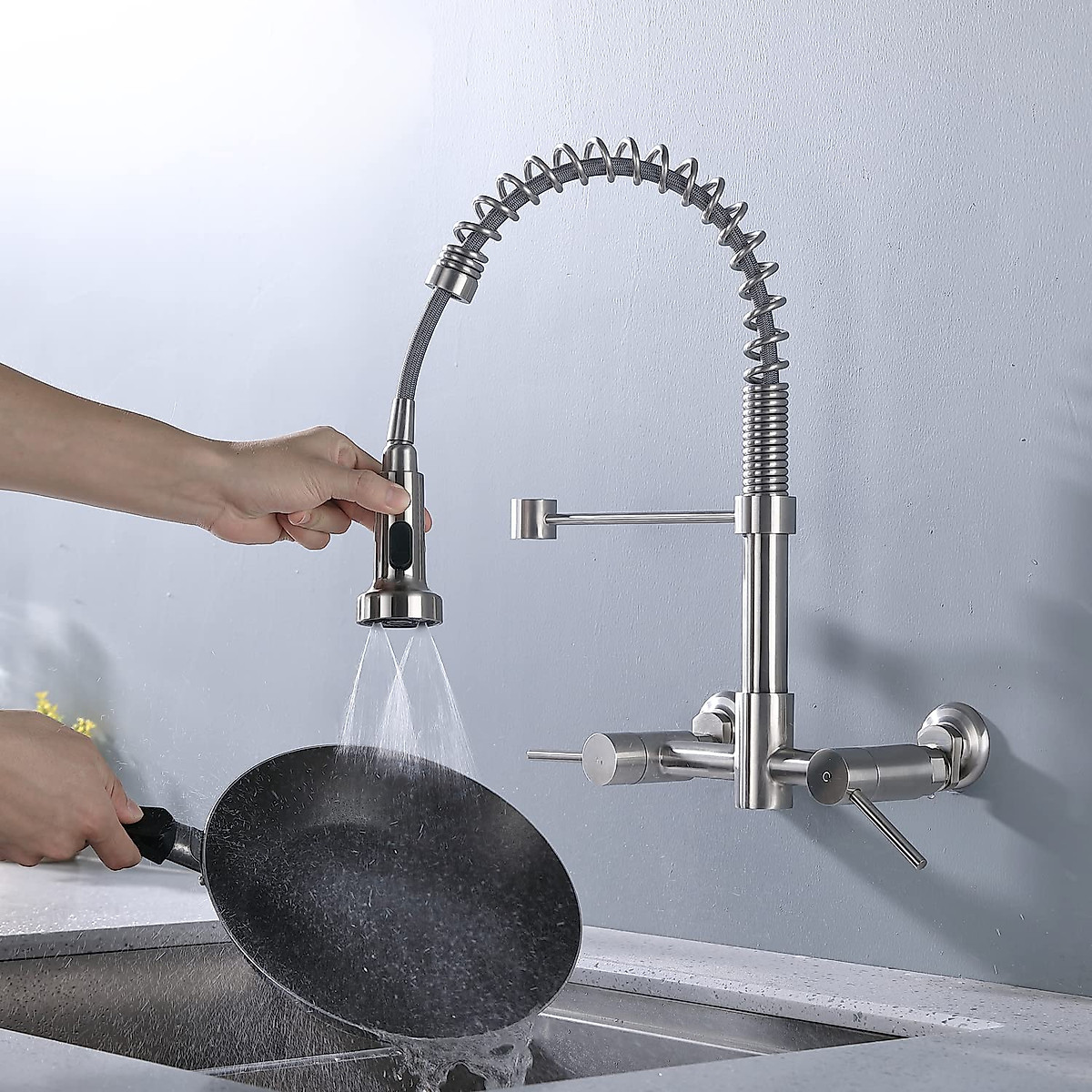 Fonveth Wall Mount Kitchen Faucet, 8 Inch Center Wall Mount Kitchen Sink Faucet with Pull Down Sprayer, Wall Mount Faucet with SprayerCommercial Wall Mount Faucet, Brushed Nickel