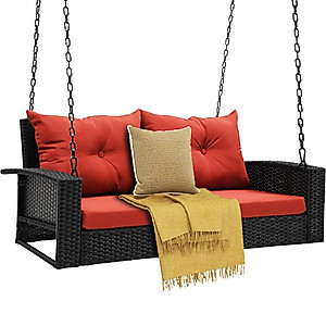 DWVO 2-Seats Wicker Hanging Porch Swing Chair Outdoor Black Rattan Patio Swing Lounge w/ 2 Back Cushions Capacity 530lbs for Garden, Balcony, Living Room, Red