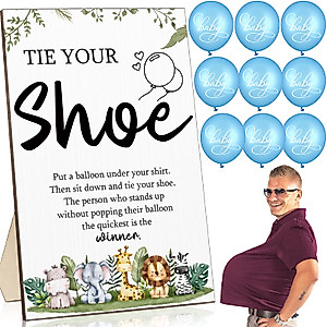 Roowest 51 Pcs Tie Your Shoe Baby Shower Game Woodland Safari Baby Shower Sign 50 Baby Latex Balloons Gender Reveal Party Favors Jungle Baby Shower Games for Boys Girls(Blue)