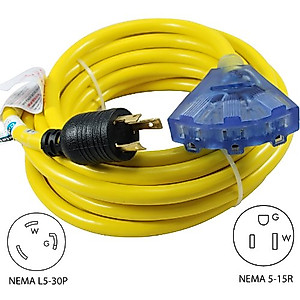 Conntek 25-Foot 30-Amp 125-Volt 3-Prong Fan-Style Generator Extension Power Cord, L5-30P to Three 5-15R, with Power Indicator Light
