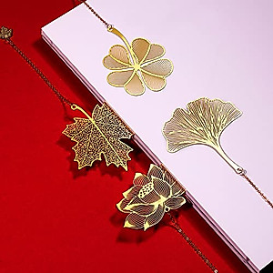 SAVITA 4 Pcs Metal Bookmarks with Chain, Hollow Leaf Bookmark with Lotus Ginkgo Maple Four-Leaf Clover Patterns, Flower Bookmarks for Book Lovers (Golden,4 Styles)