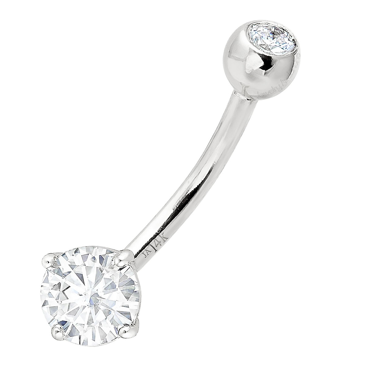 0.57ctw Moissanite Solid 14Kt White Gold Belly Ring, 14G Belly Button Barbell, Navel Piercing Jewelry, 14Kt Gold Body Jewelry - 14KBR02-MNT-WG