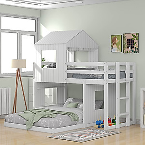 FANYHOME Twin Over Full Bunk Beds for Kids Toddlers, Wooden Play Farm House Bunk Bed with Roof Window Guardrail Ladder, for Girls Boys, No Spring Box Required, White