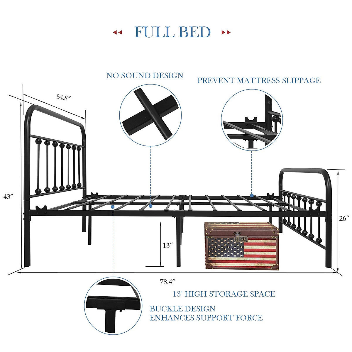 YALAXON Vintage Sturdy Full Size Metal Bed Frame with Headboard and Footboard Basic Bed Frame No Box Spring Needed，Black