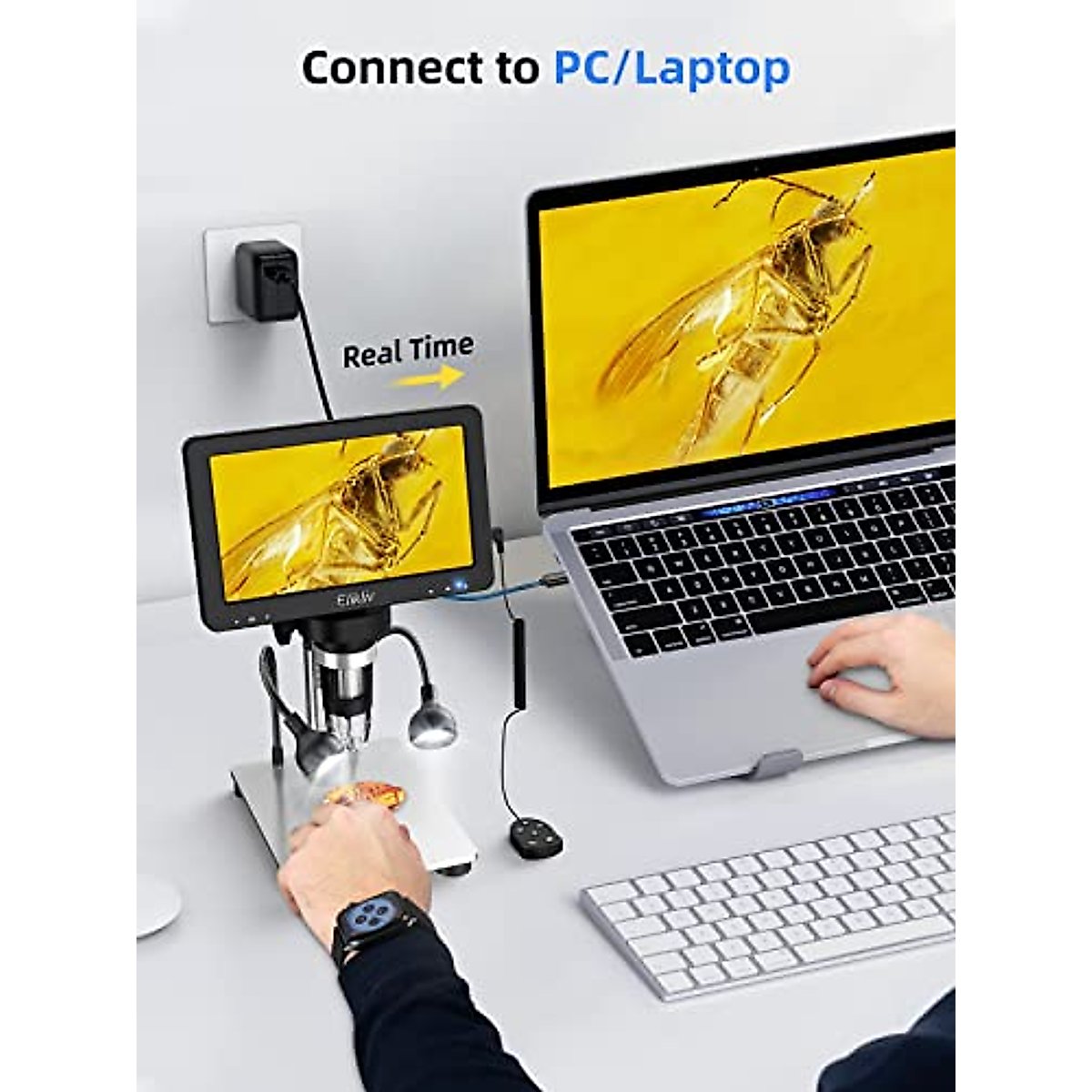 Elikliv 7" LCD Digital Microscope 1200X, 1080P Coin Microscope with Wired Remote, 12MP Ultra-Precise Focusing, 10 LED Fill Lights, PC View, Metal Stand, Windows/Mac Compatible, 32GB