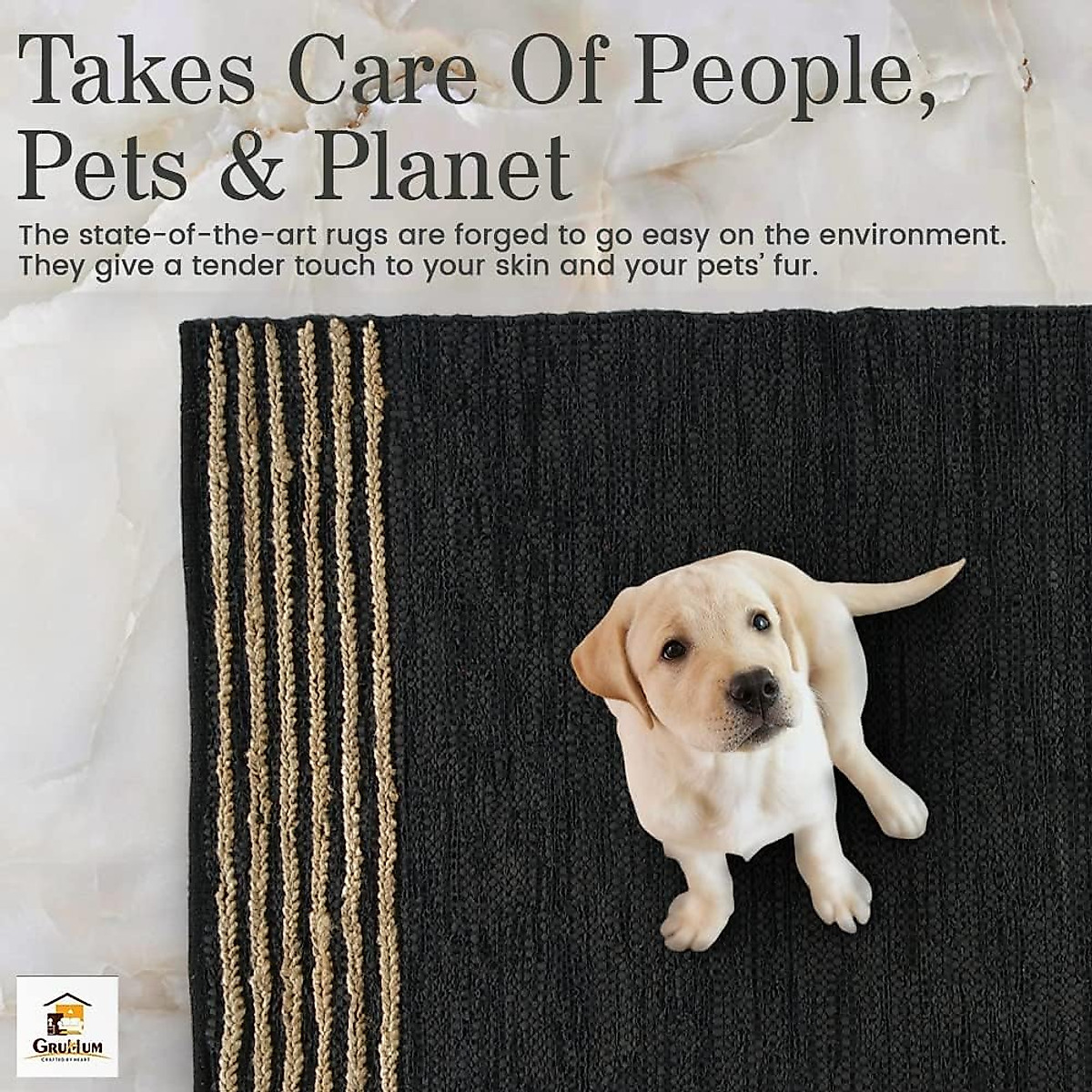 GRUHUM Jute Area Rug 4x6 ft Black Natural Leather Handmade Boho Farmhouse Rustic Vintage Eco Friendly Soft Braided Rug for Indoor Kitchen Bedroom Living Room Hallways Enterways 4'x6' ft Rectangle